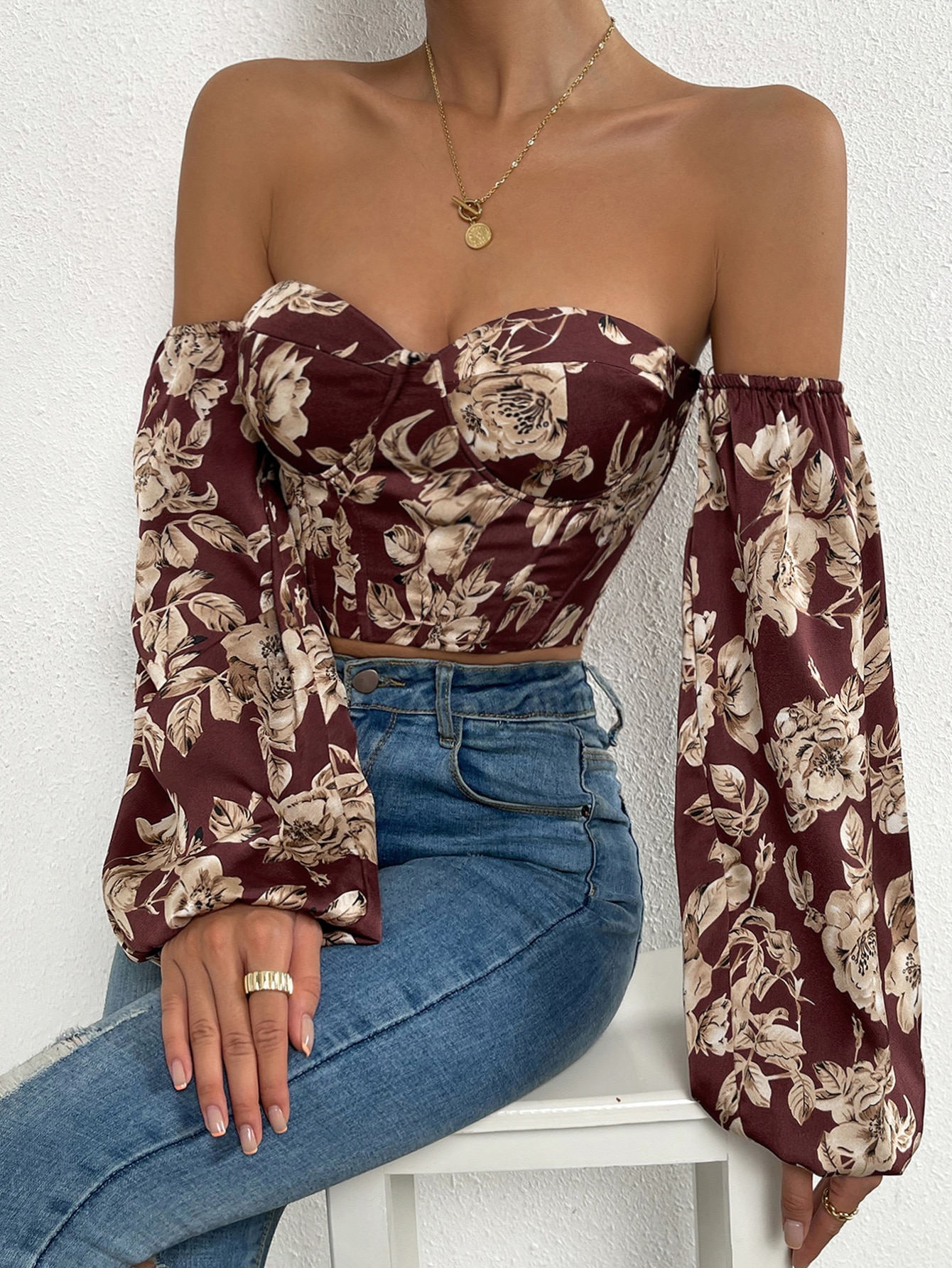 Shein Sxy Crop Top Mit Blume Muster Laternenärmeln Aktuelle Trends