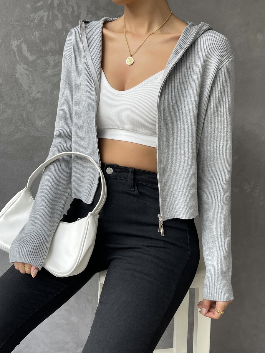 SHEIN EZwear Rib-knit Two-Way Zipper Drop Shoulder Hooded Cardigan ...