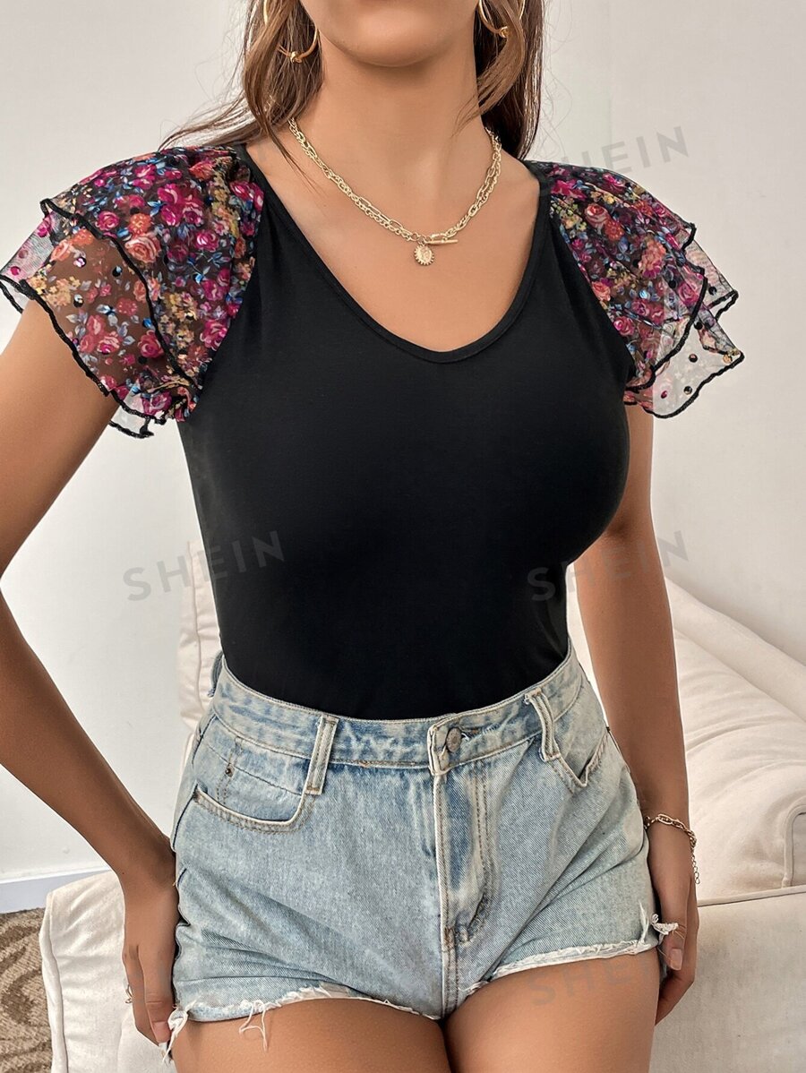 Shein Privé Contrast Floral Print Mesh Layered Sleeve Tee Shein Usa