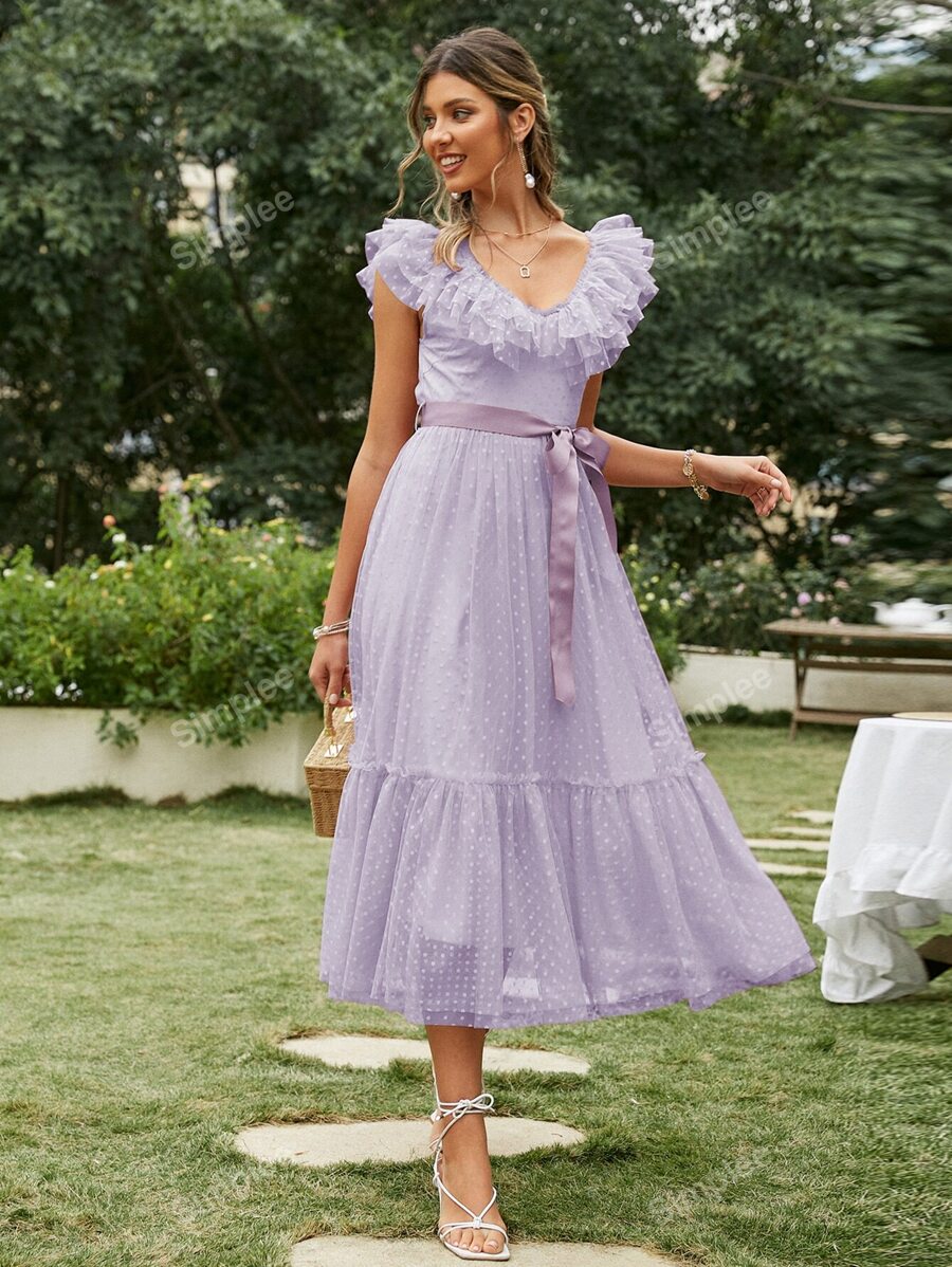 Simplee 女性夏ソリッドカラー リボン ストラップ レース キュートなノースリーブドレス、結婚式の来賓や花嫁介添人ドレスに最適 ...