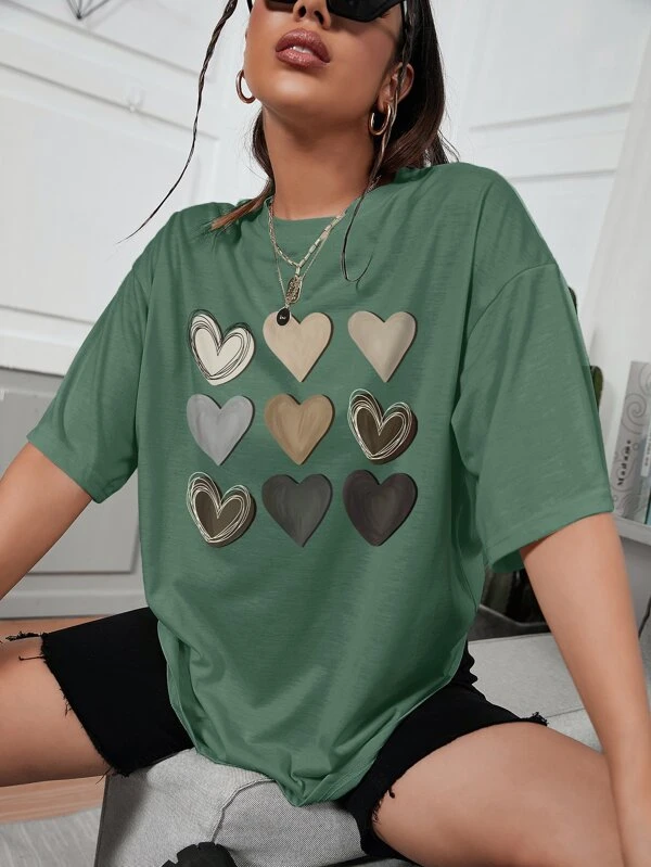 Shein Essnce Heart Print Drop Shoulder Oversized Tee Shein Usa