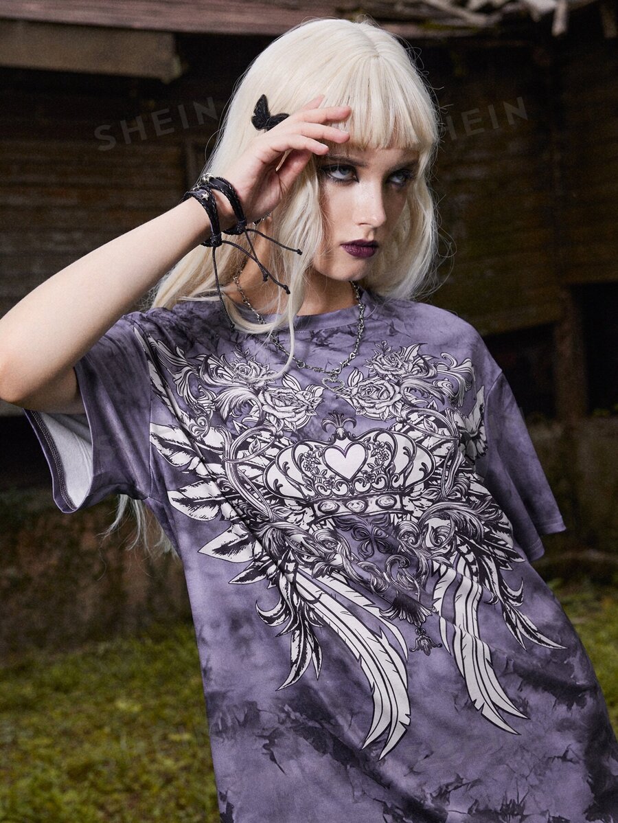 ROMWE Goth Tie Dye Heart & Wings Print Tee | SHEIN USA