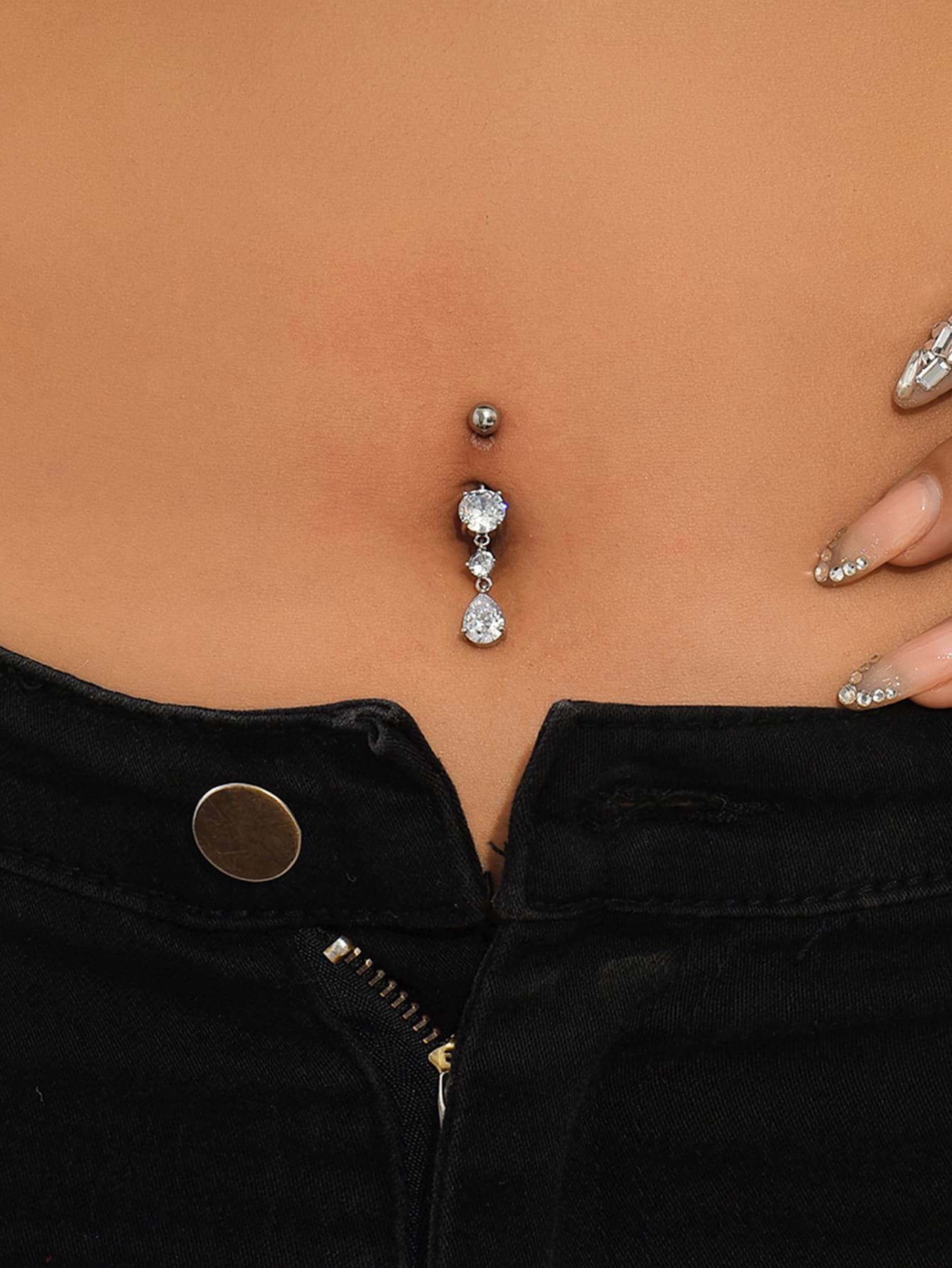 Stainless Steel, Cubic Zirconia Water-Drop Decor Navel Belly Ring For ...