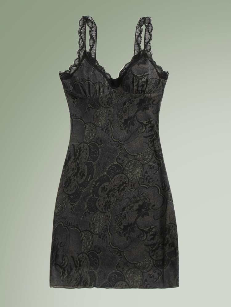 Contrast Lace Asymmetrical Hem Velvet Cami Dress Wishupon