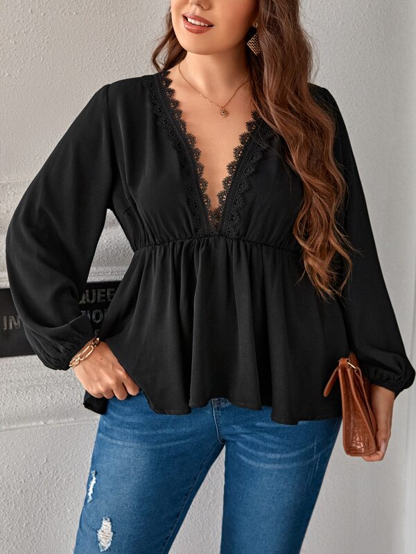 Shein Clasi Plus Lace Trim Peplum Blouse Shein Usa