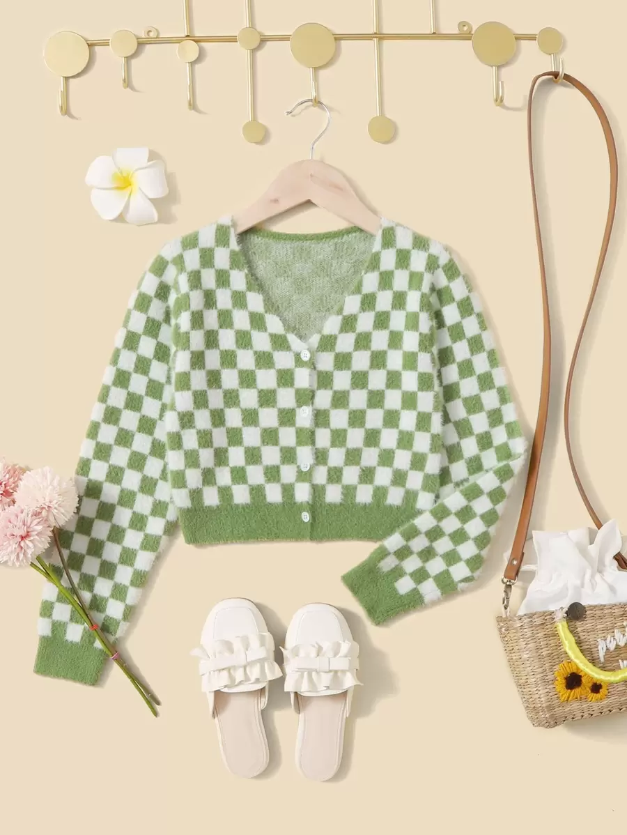 Girls Checkered Pattern Fluffy Knit Cardigan | SHEIN USA