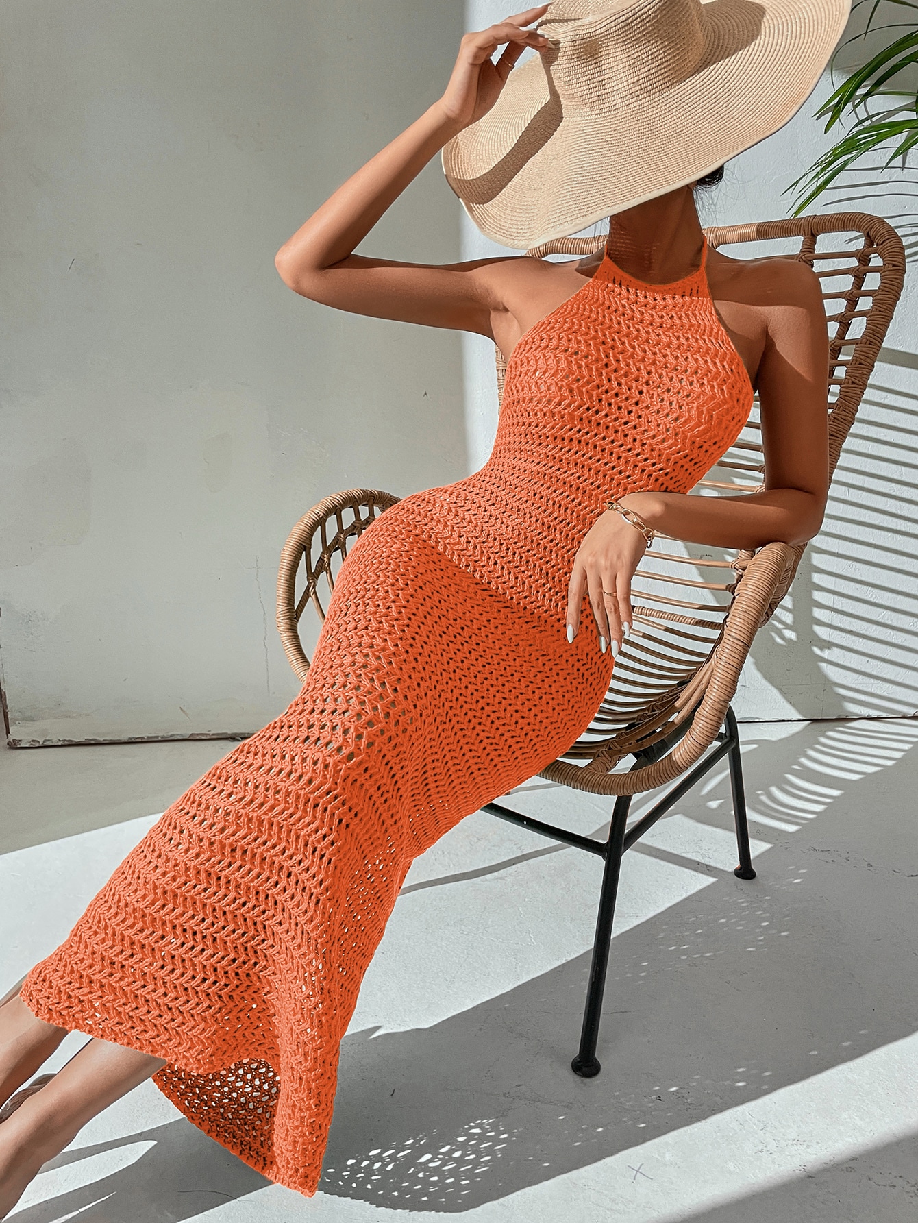 Shein Vcay Crochet Backless Halter Neck Bodycon Dress Shein Usa