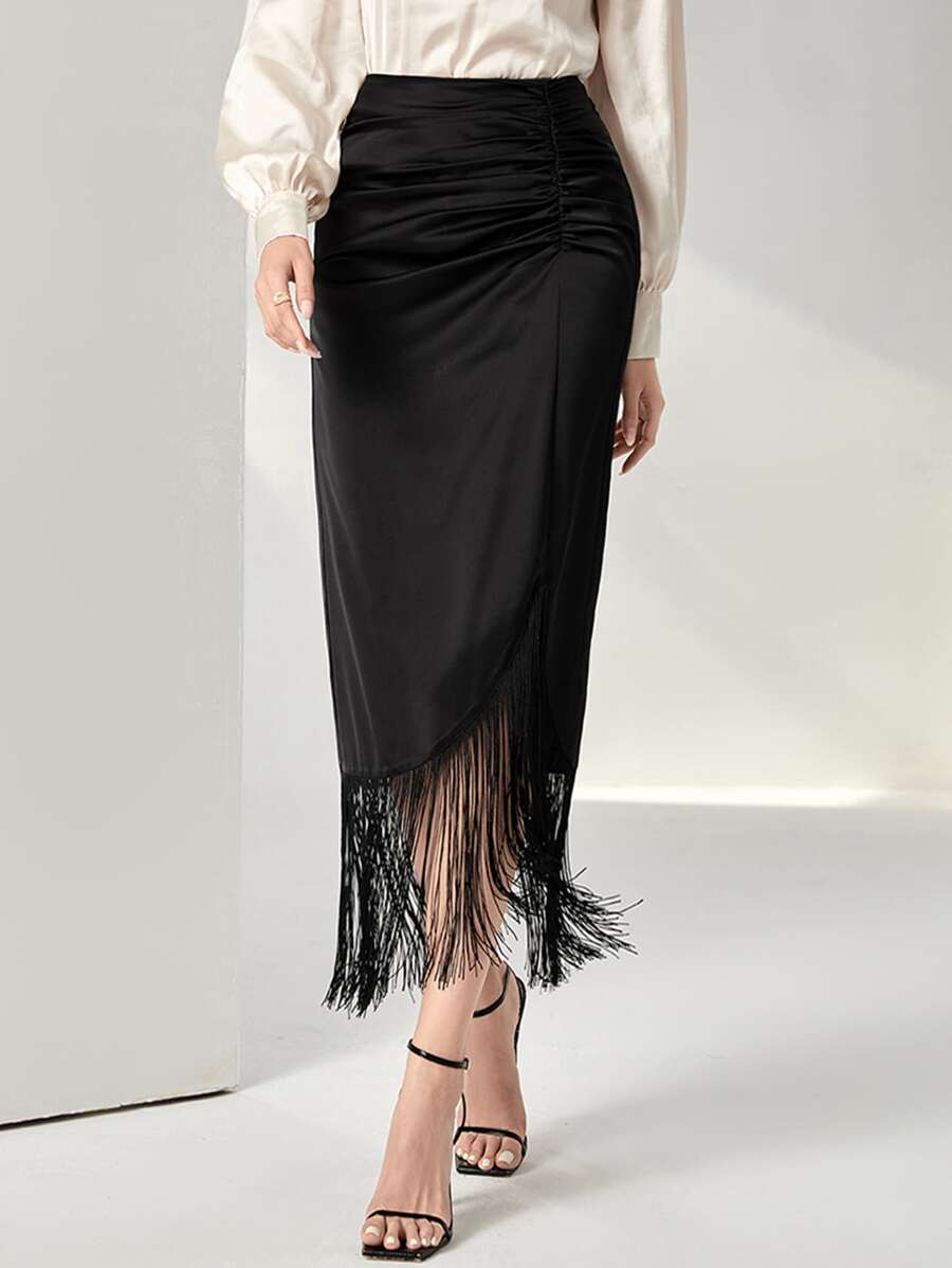 Modelyn Ruched Asymmetrical Fringe Hem Skirt | SHEIN USA