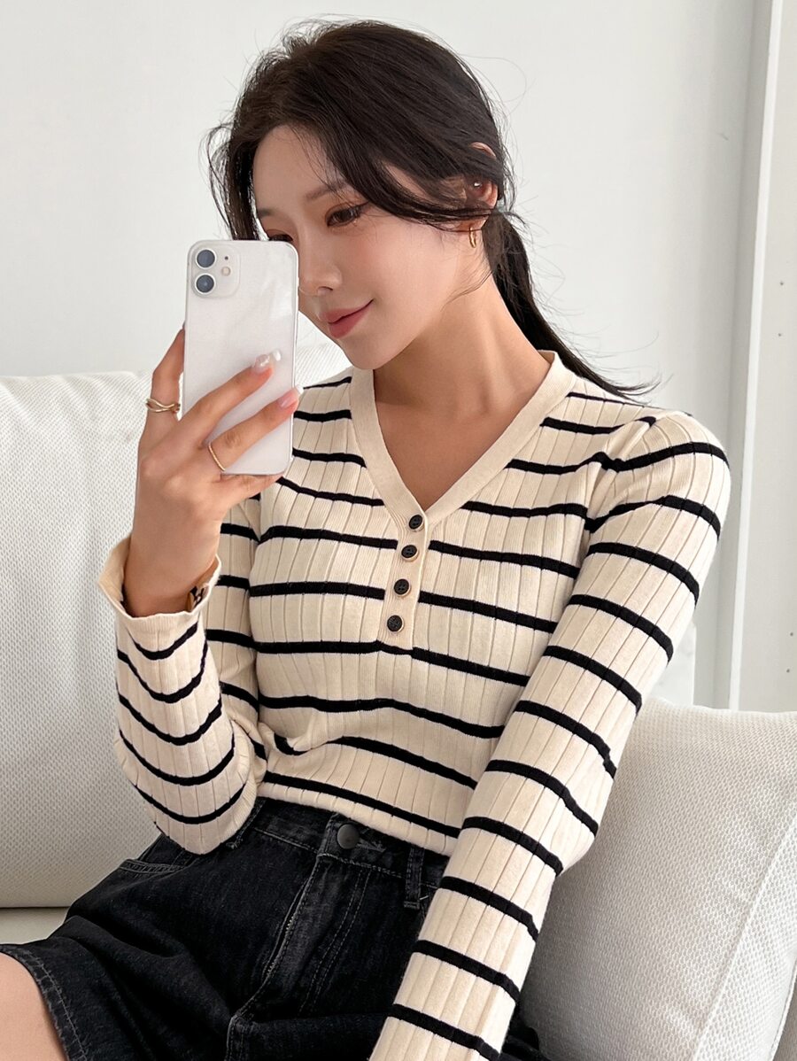 DAZY Stripe Pattern Quarter Button Sweater | SHEIN USA
