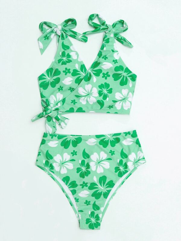 Floral Print Bikini Set Knot Shoulder Surplice Tank Bra And High Waisted