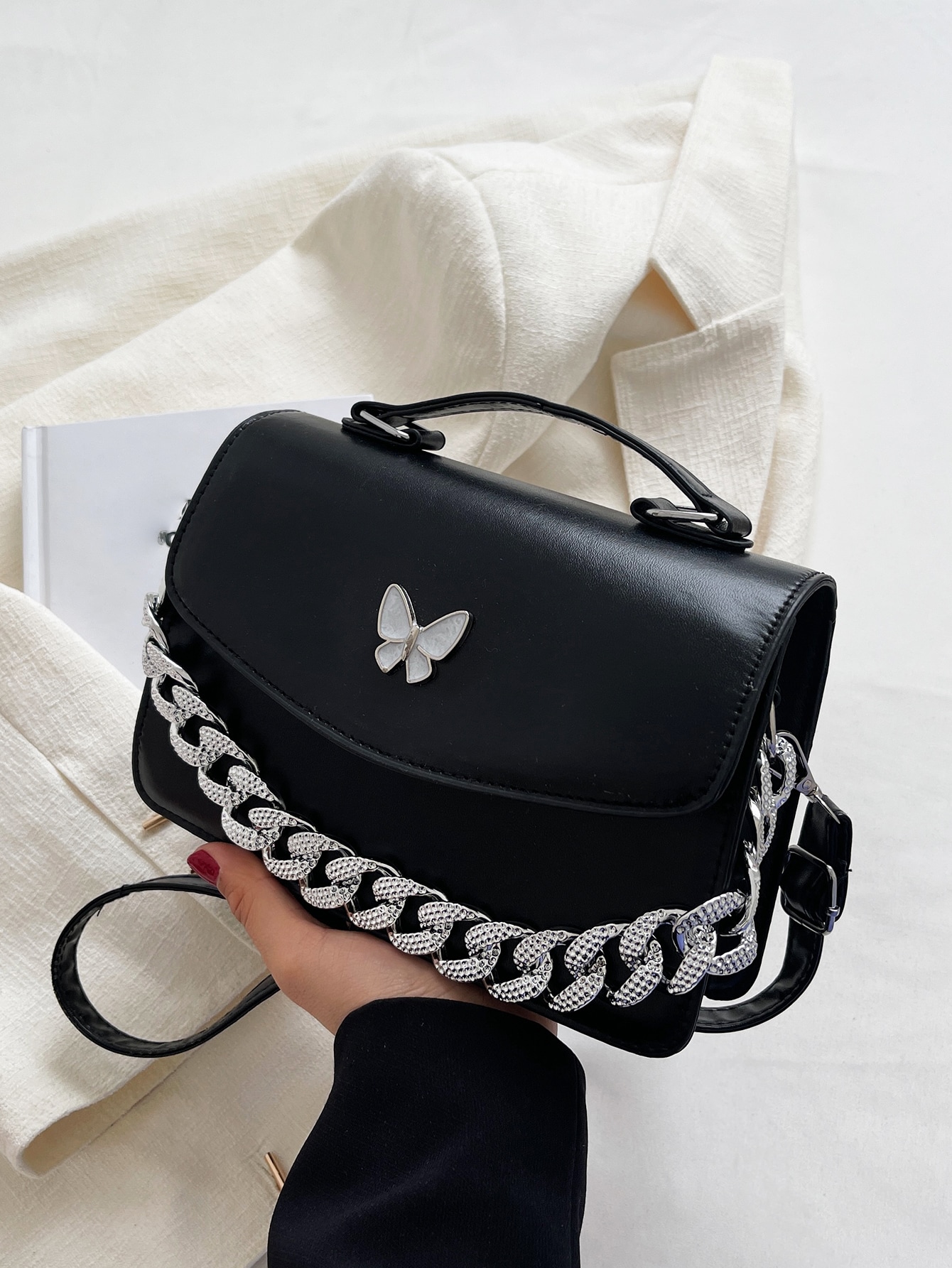 Butterfly & Chain Decor Flap Square Bag