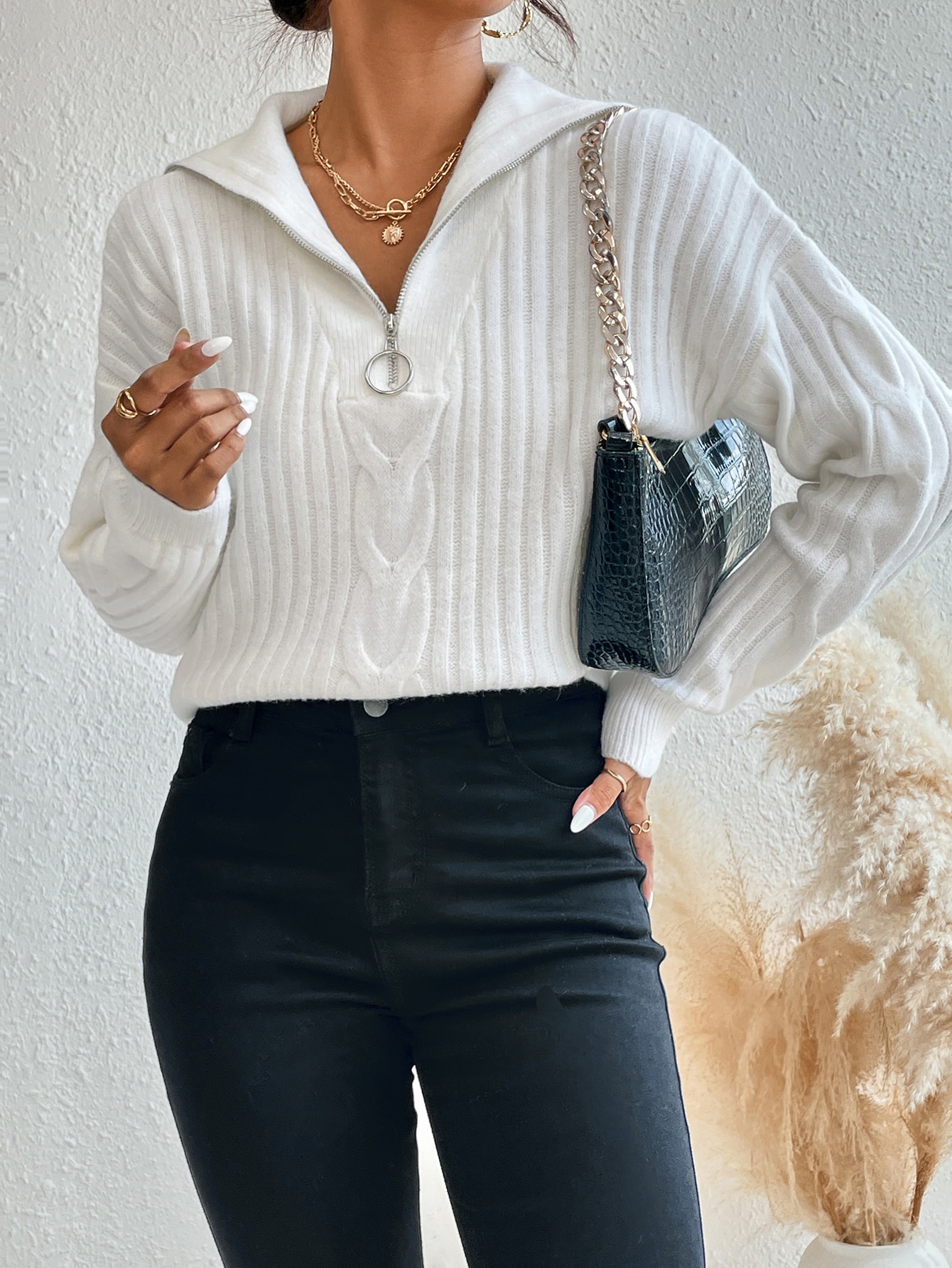 Drop Shoulder Zip Half Placket Cable Knit Sweater | SHEIN USA