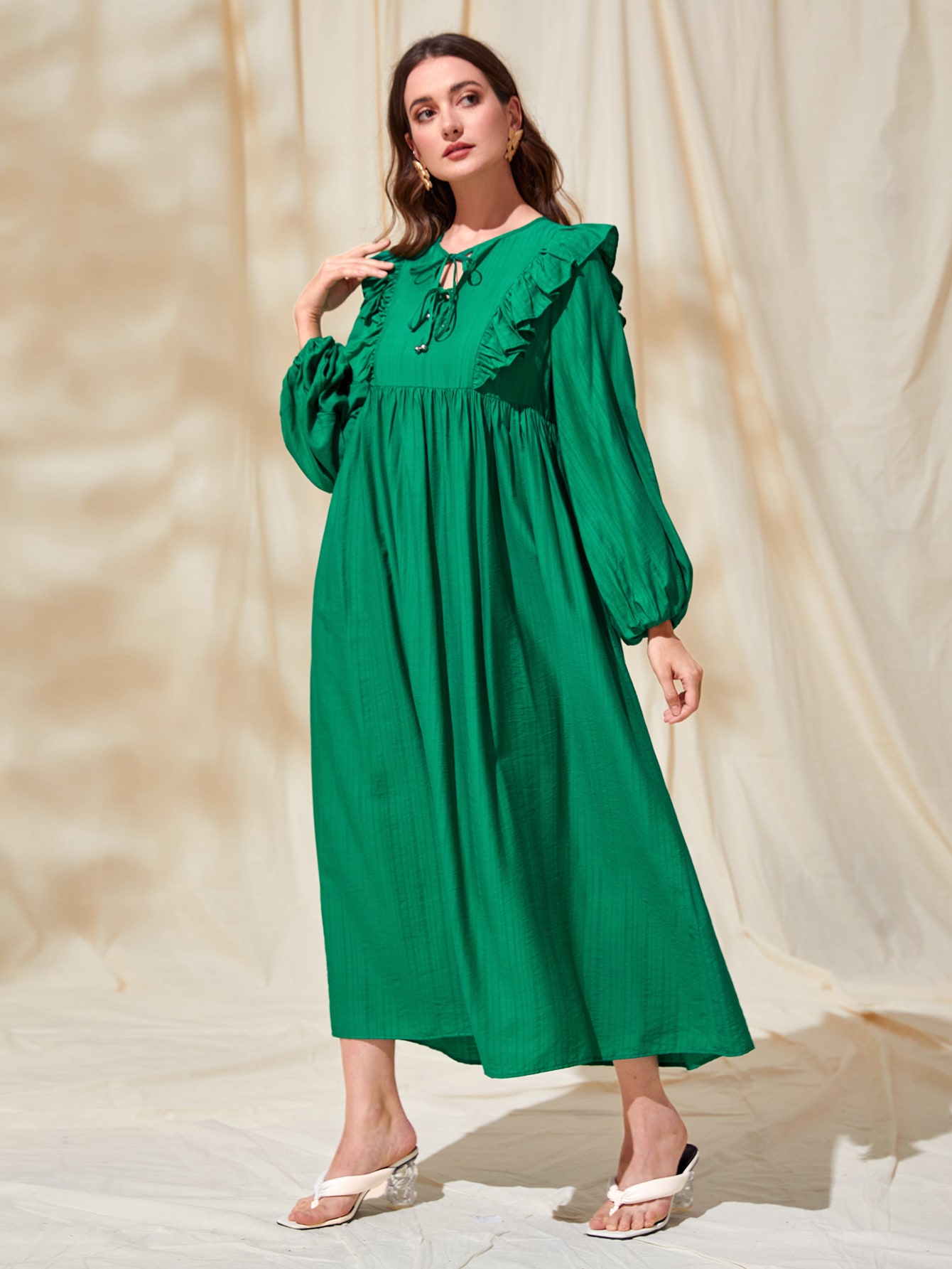 SHEIN Mulvari Tie Neck Ruffle Trim Smock Dress | SHEIN EUR