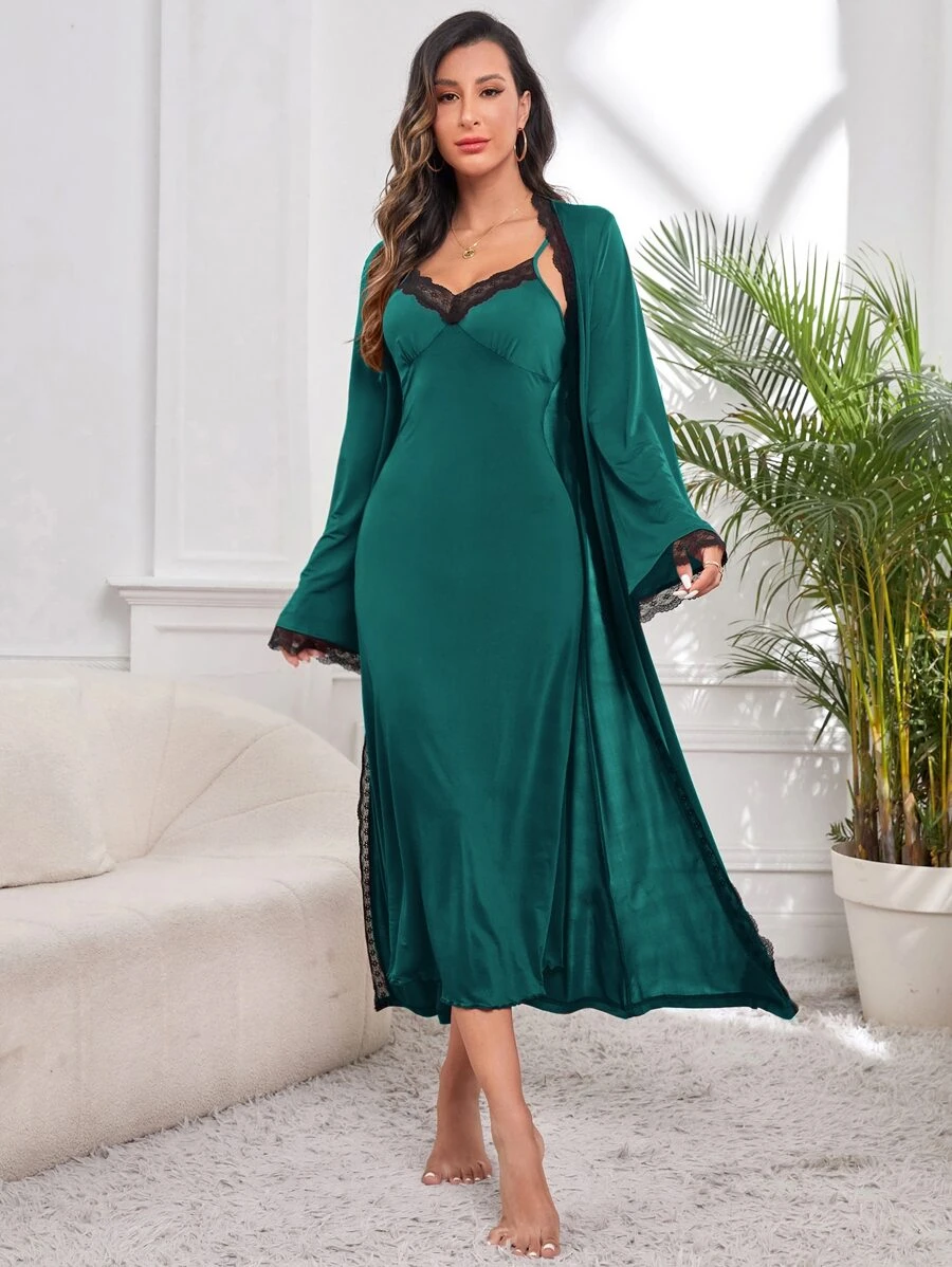 Lace Trim Slip Sleep Dress & Robe Pajama Set With Belt, Fall Clothes ...