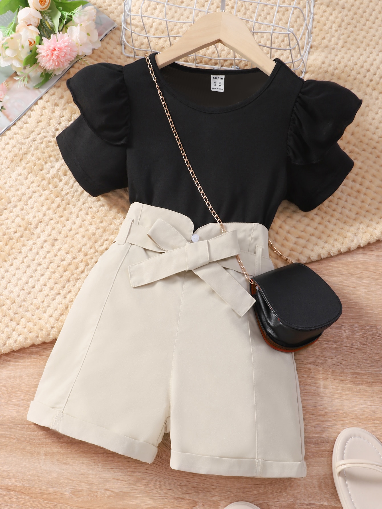 Girls Ruffle Trim Tee & Belted Shorts