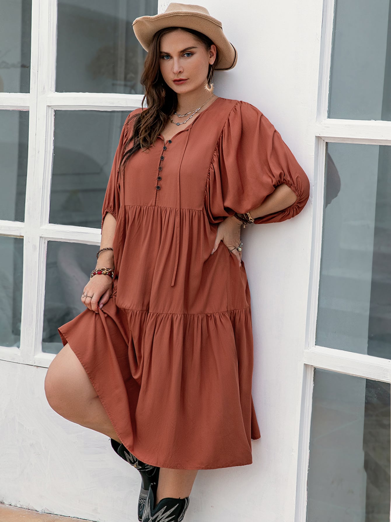 Rusttydustty Plus Solid Button Front Smock Dress