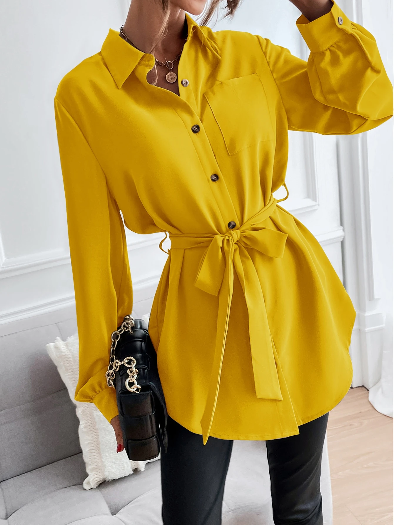 Shein Lune Chemise Unicolore à Bouton Ceinturé Mode En Ligne Shein