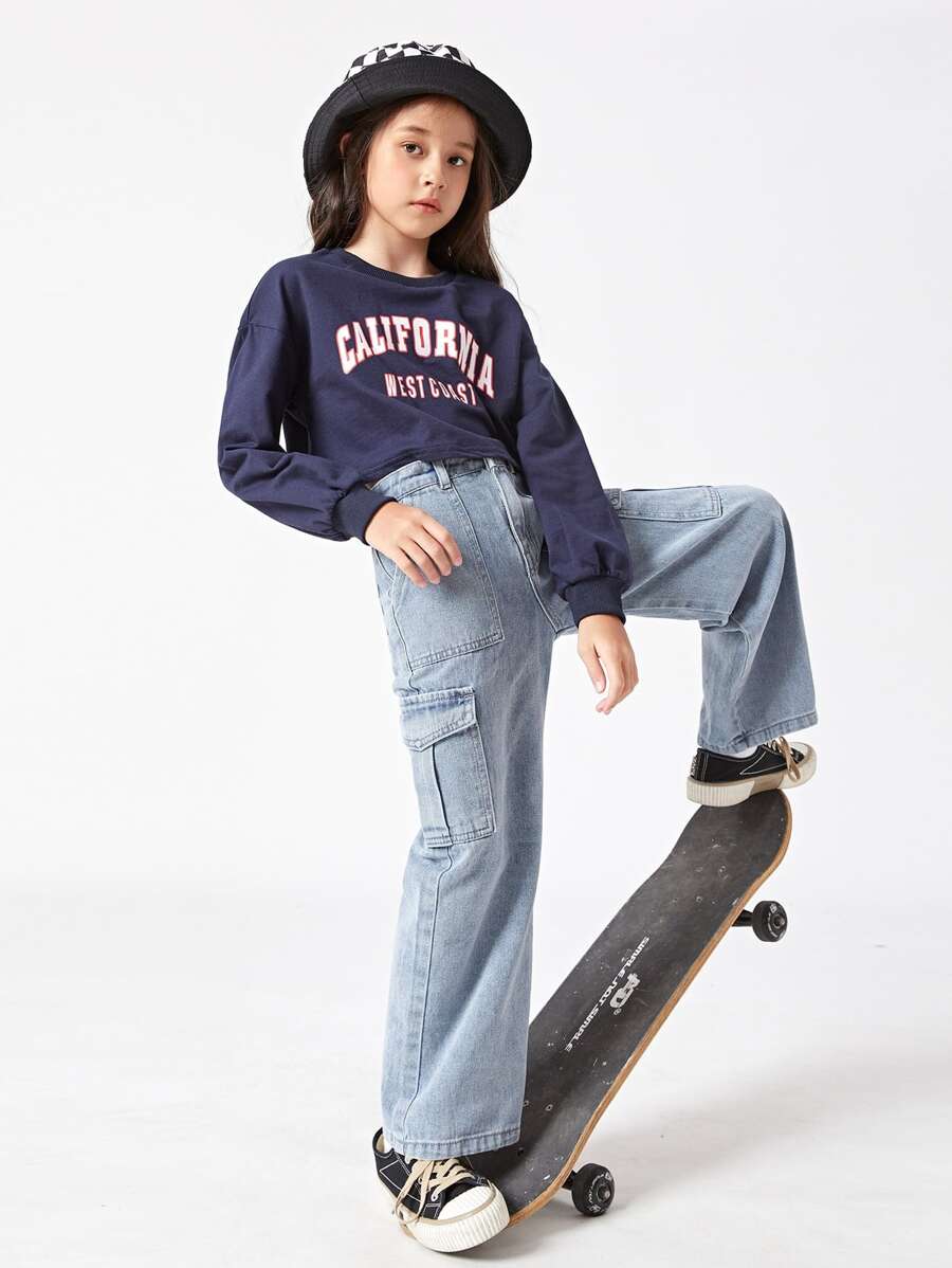 Tween Girl Flap Pocket Side Cargo Jeans | SHEIN USA