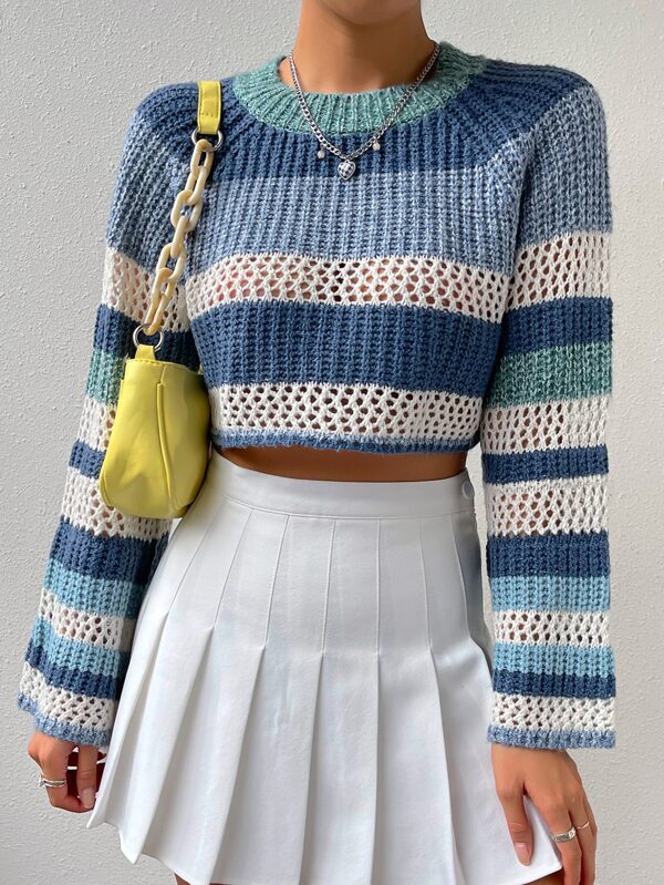 SHEIN Qutie Colorblock Raglan Sleeve Pointelle Knit Crop Sweater ...