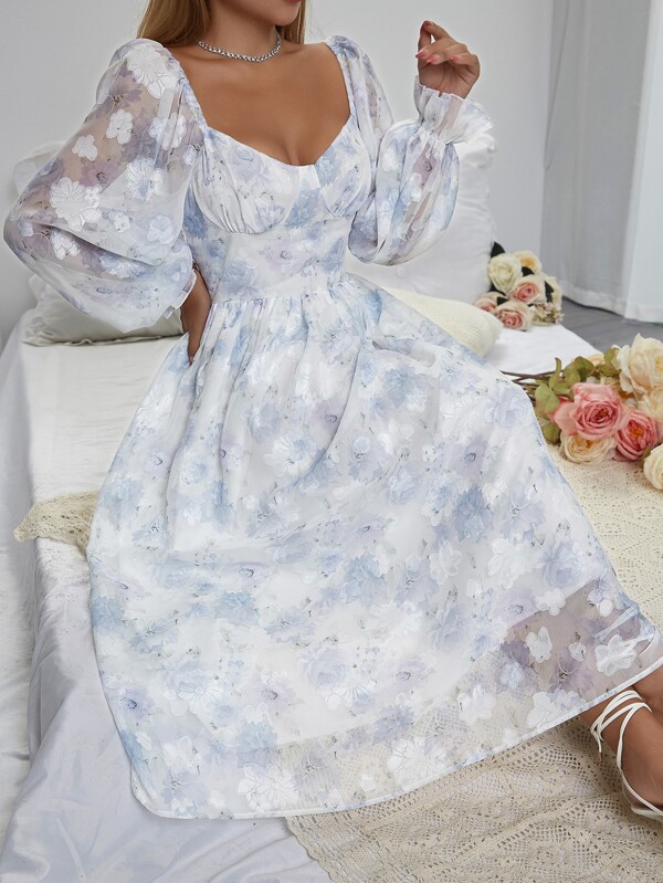 Shein Vcay Allover Floral Print Flounce Sleeve Chiffon Dress Shein Uk