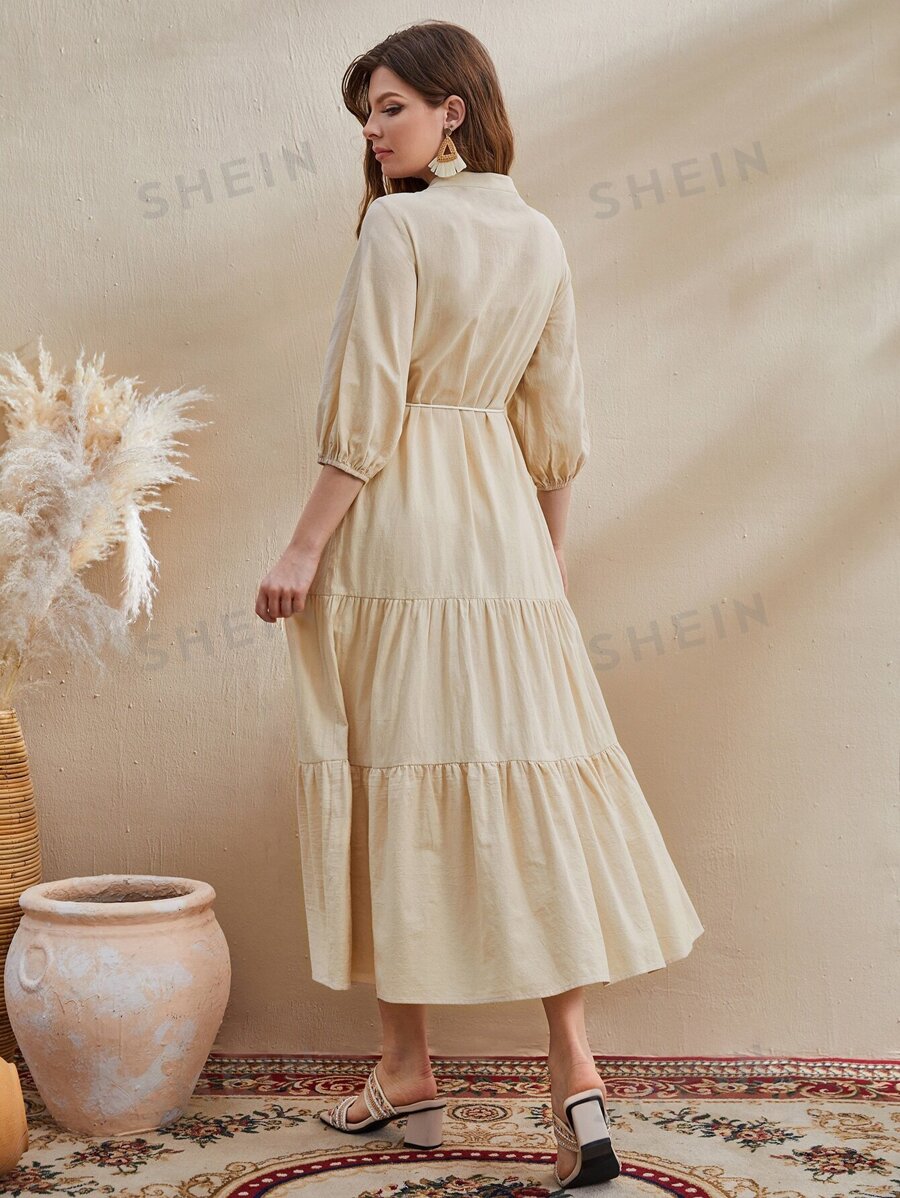 SHEIN Mulvari Tie Neck Lantern Sleeve Tassel Detail Ruffle Hem Belted ...