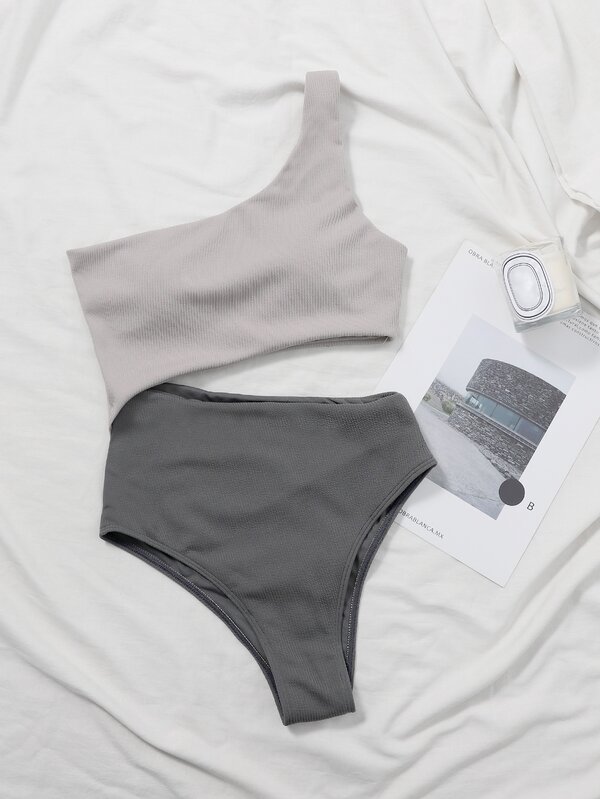 SHEIN Swim Vcay Two Tone Rib One Shoulder One Piece Swimsuit | SHEIN UK