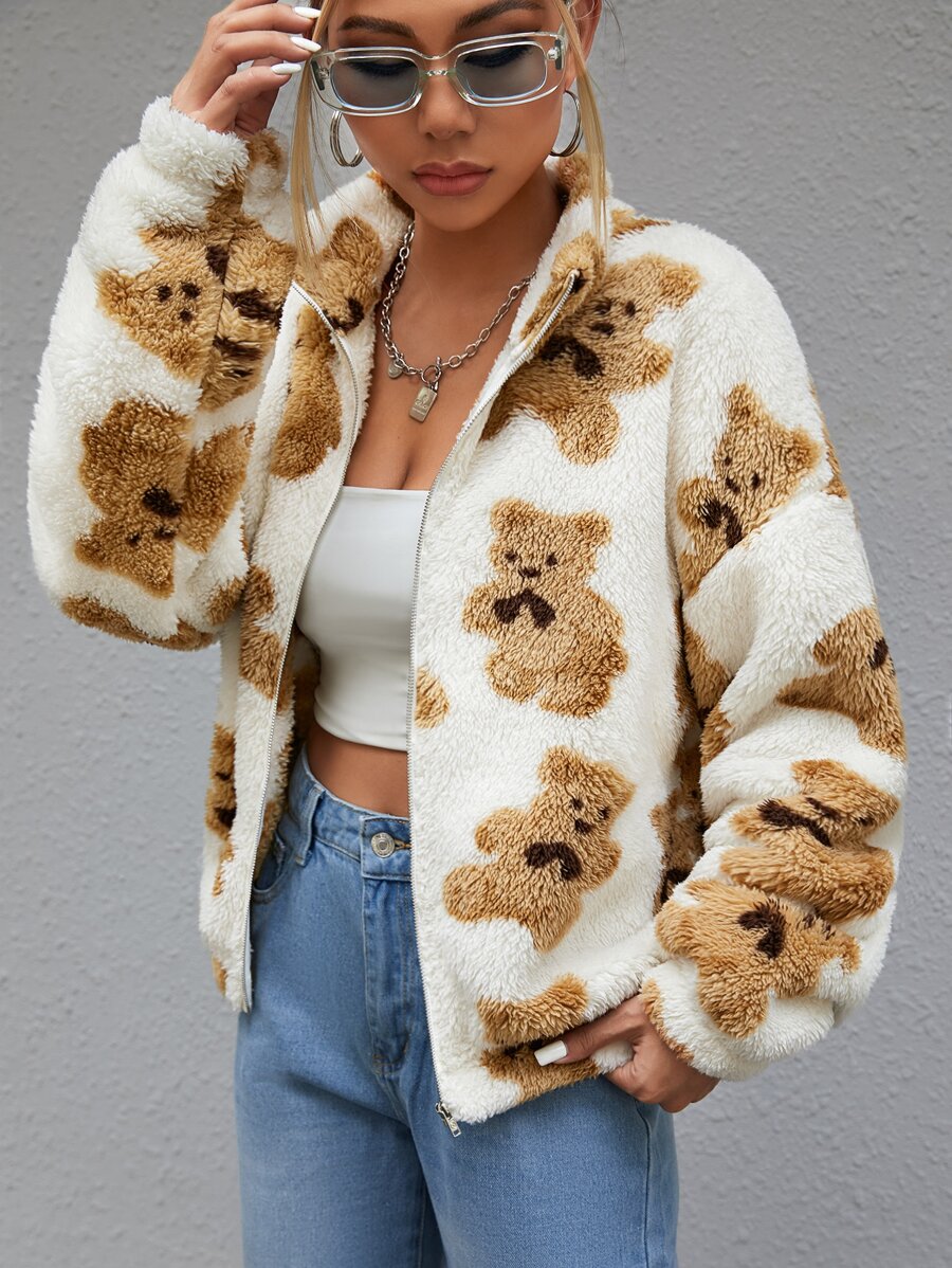 SHEIN EZwear Bear Pattern Drop Shoulder Teddy Jacket | SHEIN USA