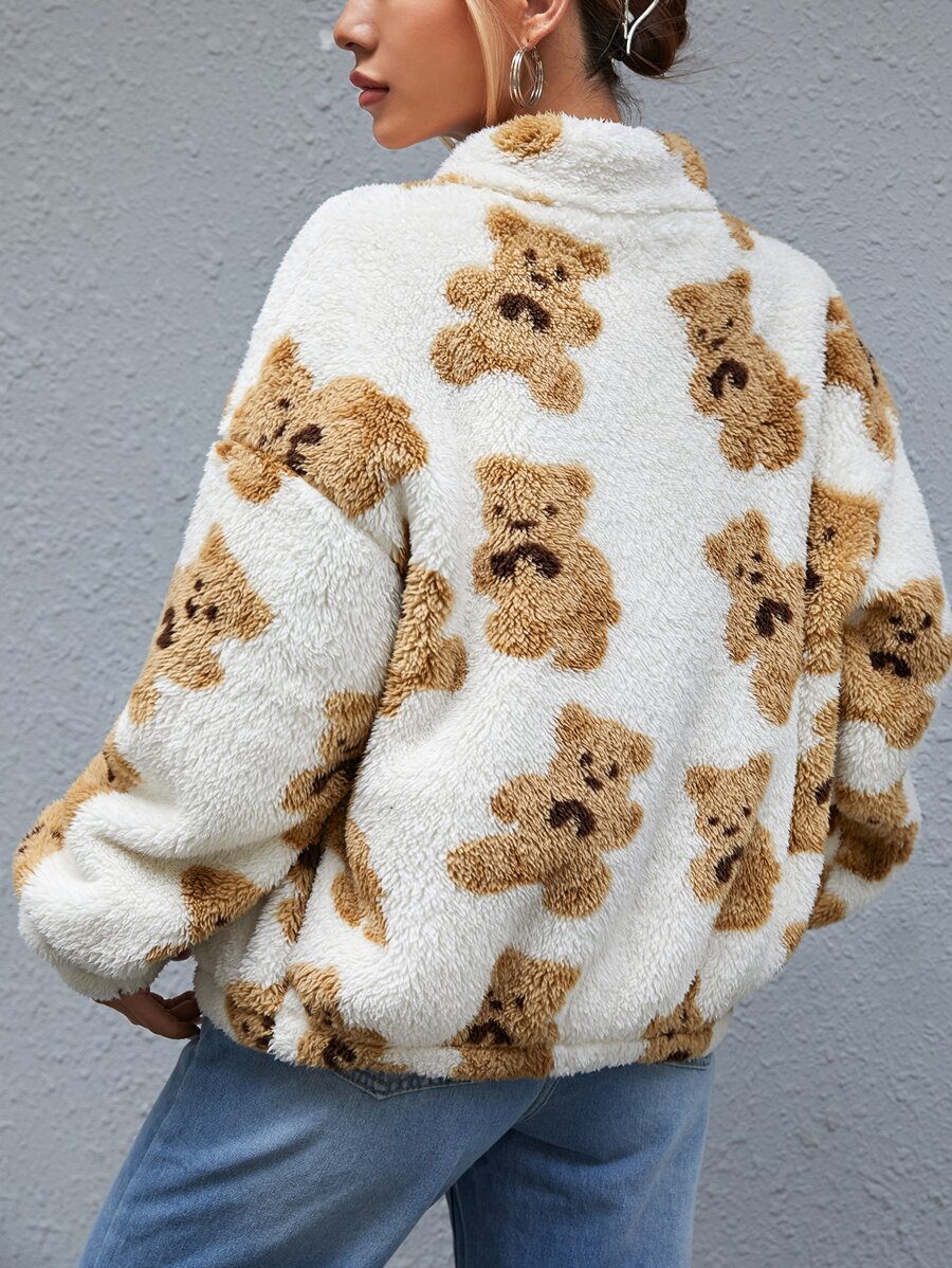 SHEIN EZwear Bear Pattern Drop Shoulder Teddy Jacket | SHEIN UK