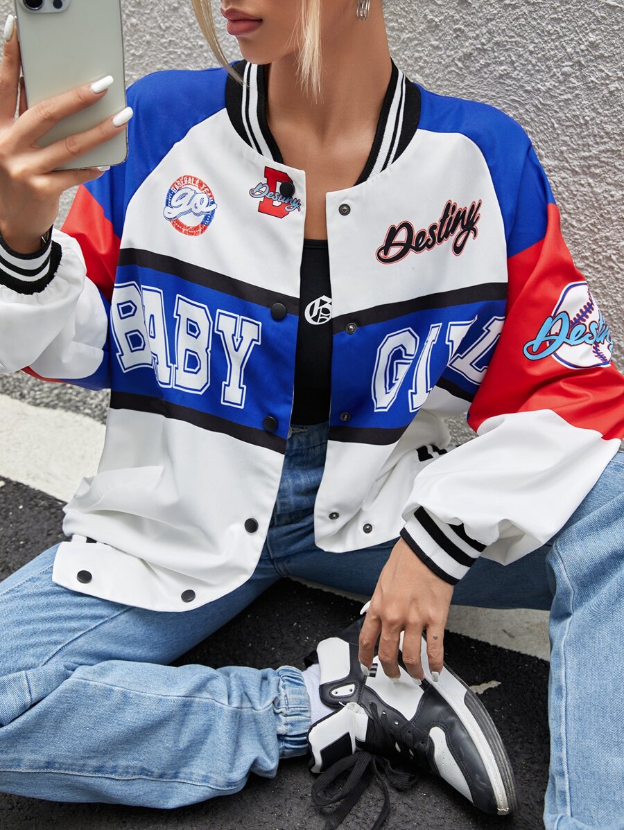 Shein Coolane Letter Graphic Colourblock Raglan Sleeve Varsity Jacket