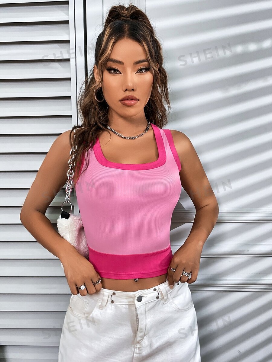 SHEIN EZwear Colourblock Rib-knit Crop Tank Top | SHEIN UK