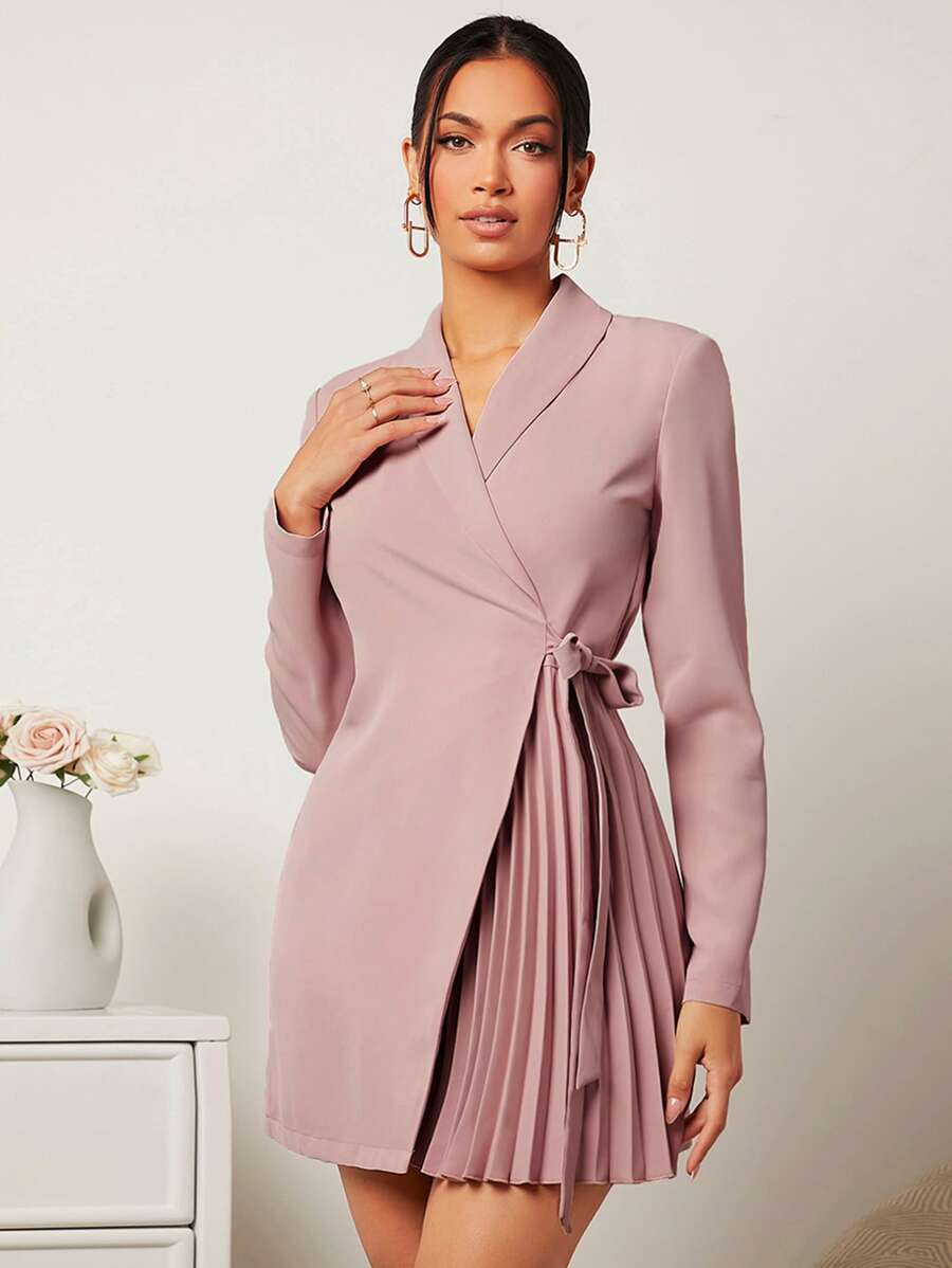 SHEIN Privé Shawl Collar Fold Pleated Knot Side Blazer Dress | SHEIN USA