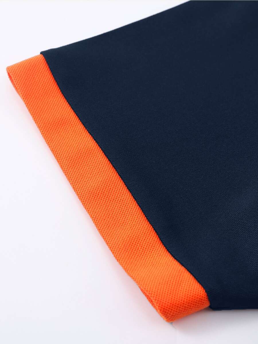 Manfinity Homme Men Contrast Trim Half Button Collar Color Block Dark Blue Business Casual Polo ...