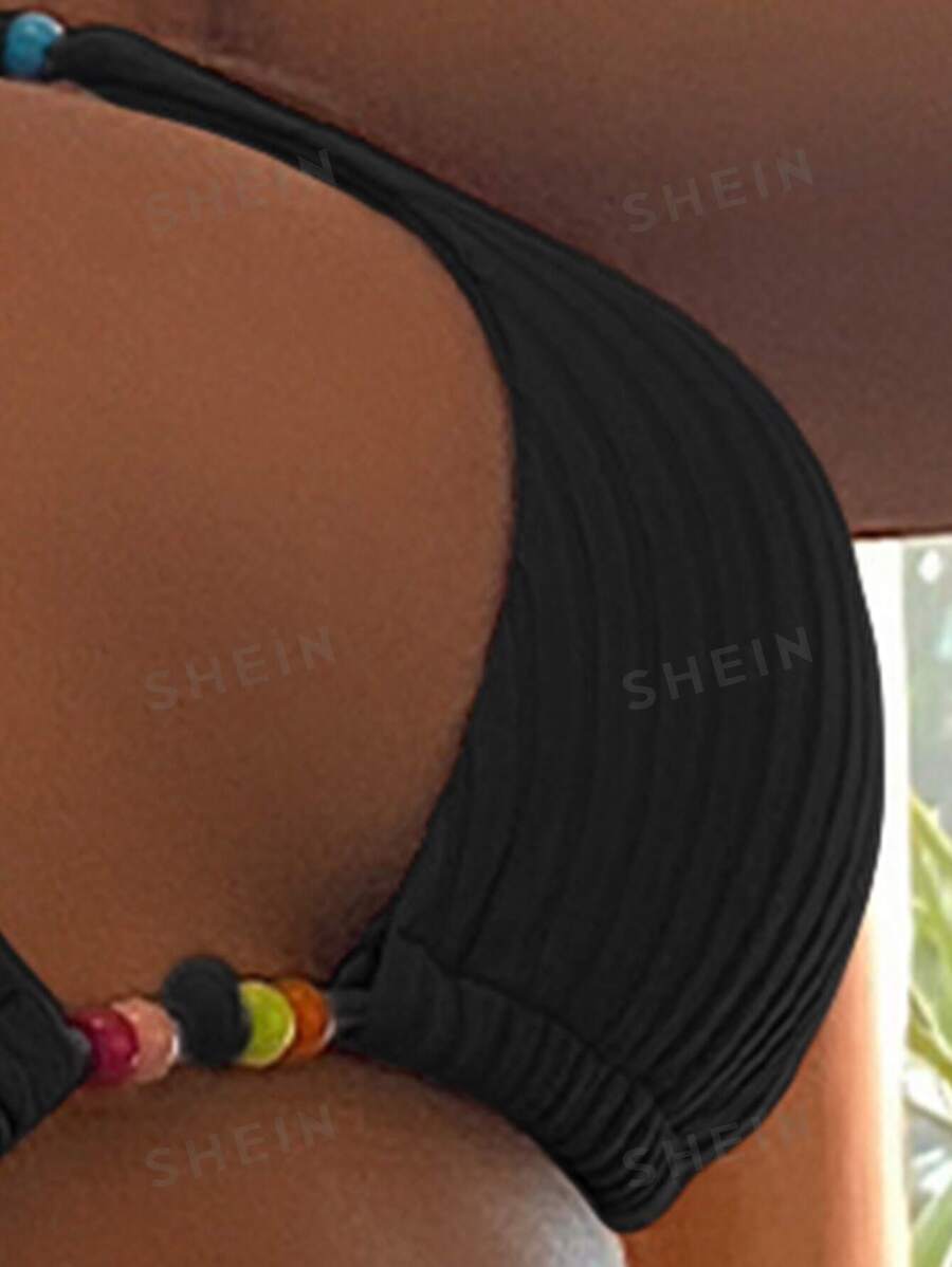 Shein Swim Basics Textured Bikini Set Criss Cross Halter Triangle Bra