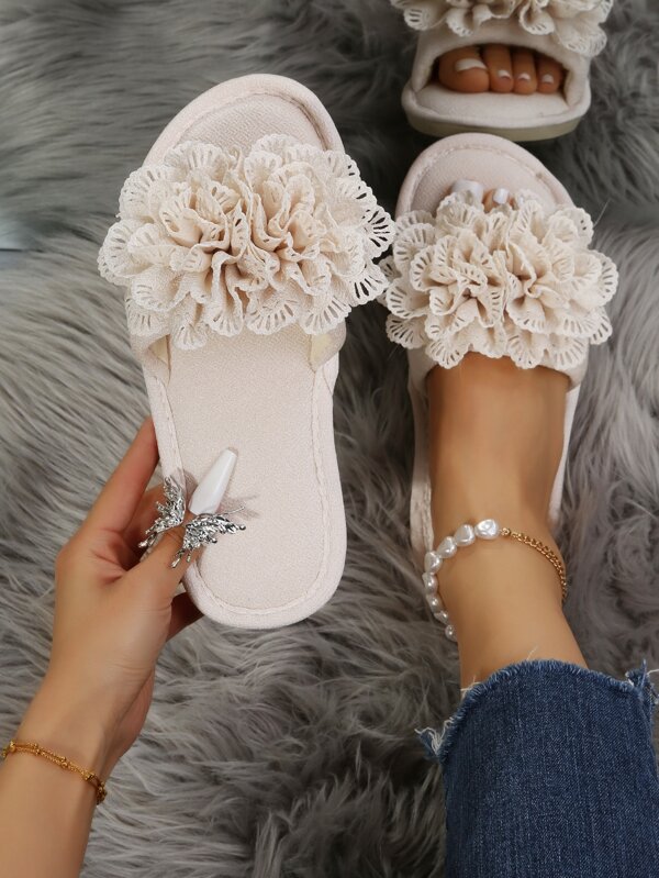 Women Flower Decor Bedroom Slippers, Fashionable Open Toe Slippers For ...