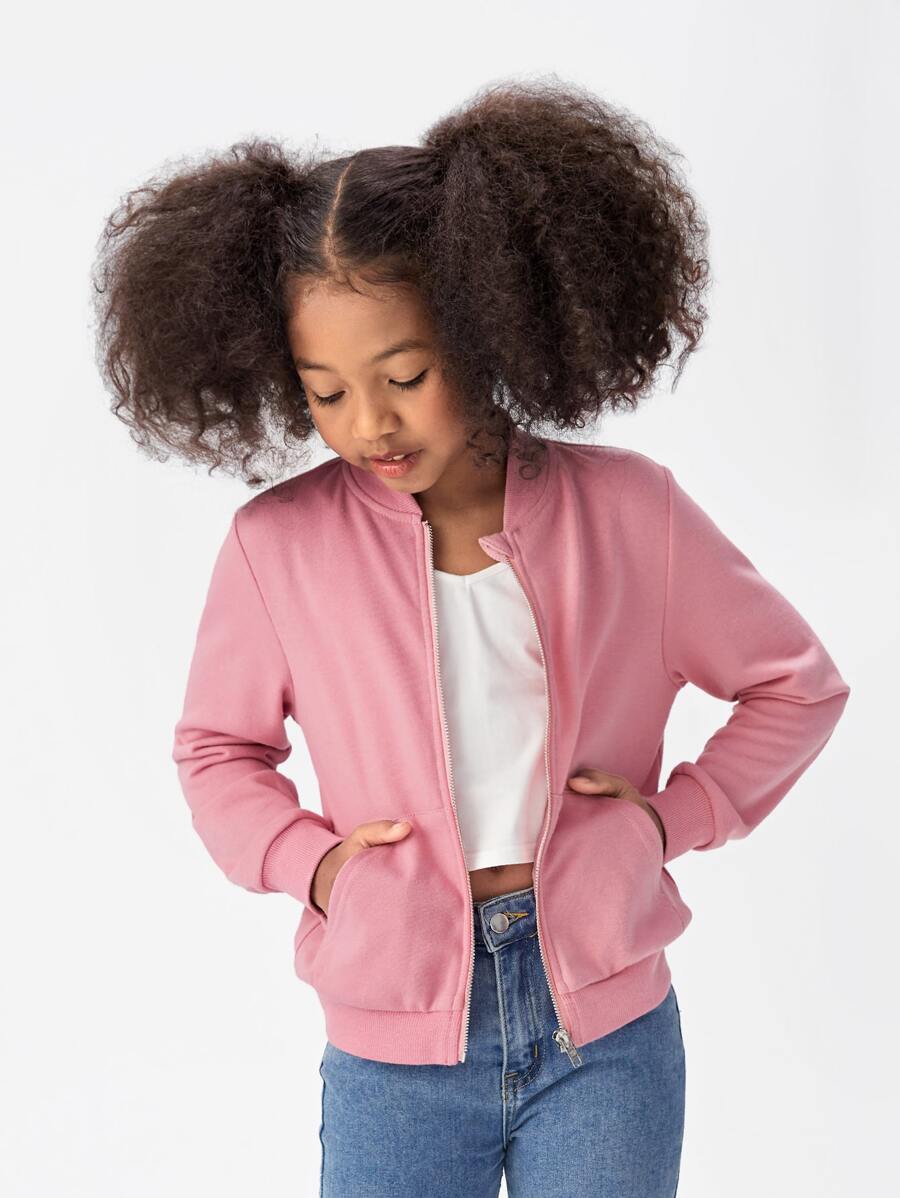 SHEIN Tween Girl Knitted Zipper Front Baseball Jacket With Solid Color ...