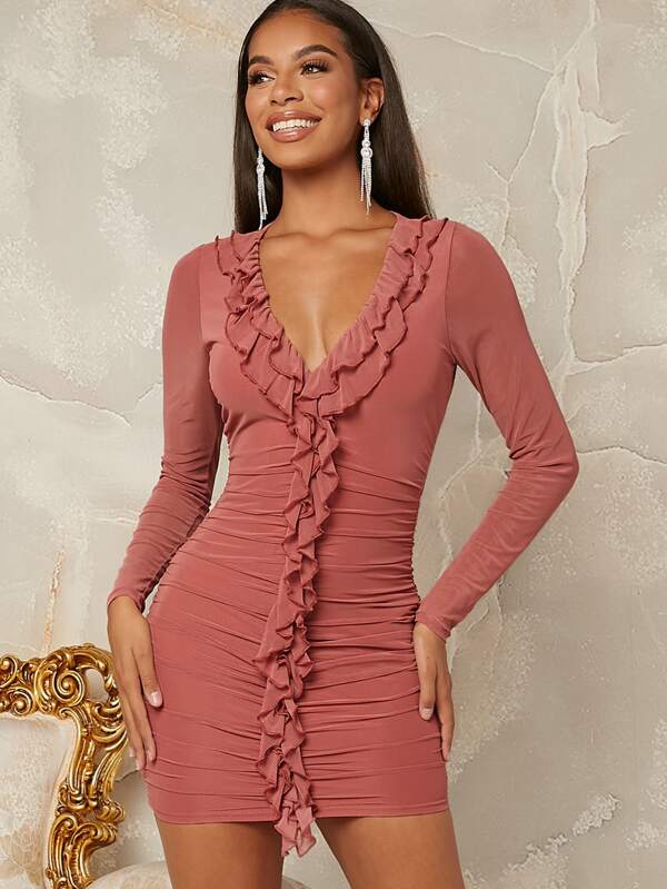 Ruffle Trim Ruched Bodycon Dress | SHEIN USA