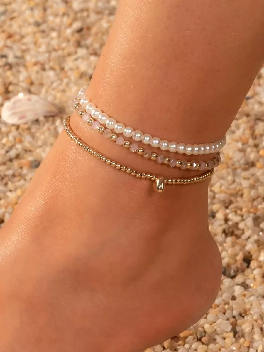 3pcs Faux Pearl Decor Beaded Anklet | SHEIN UK