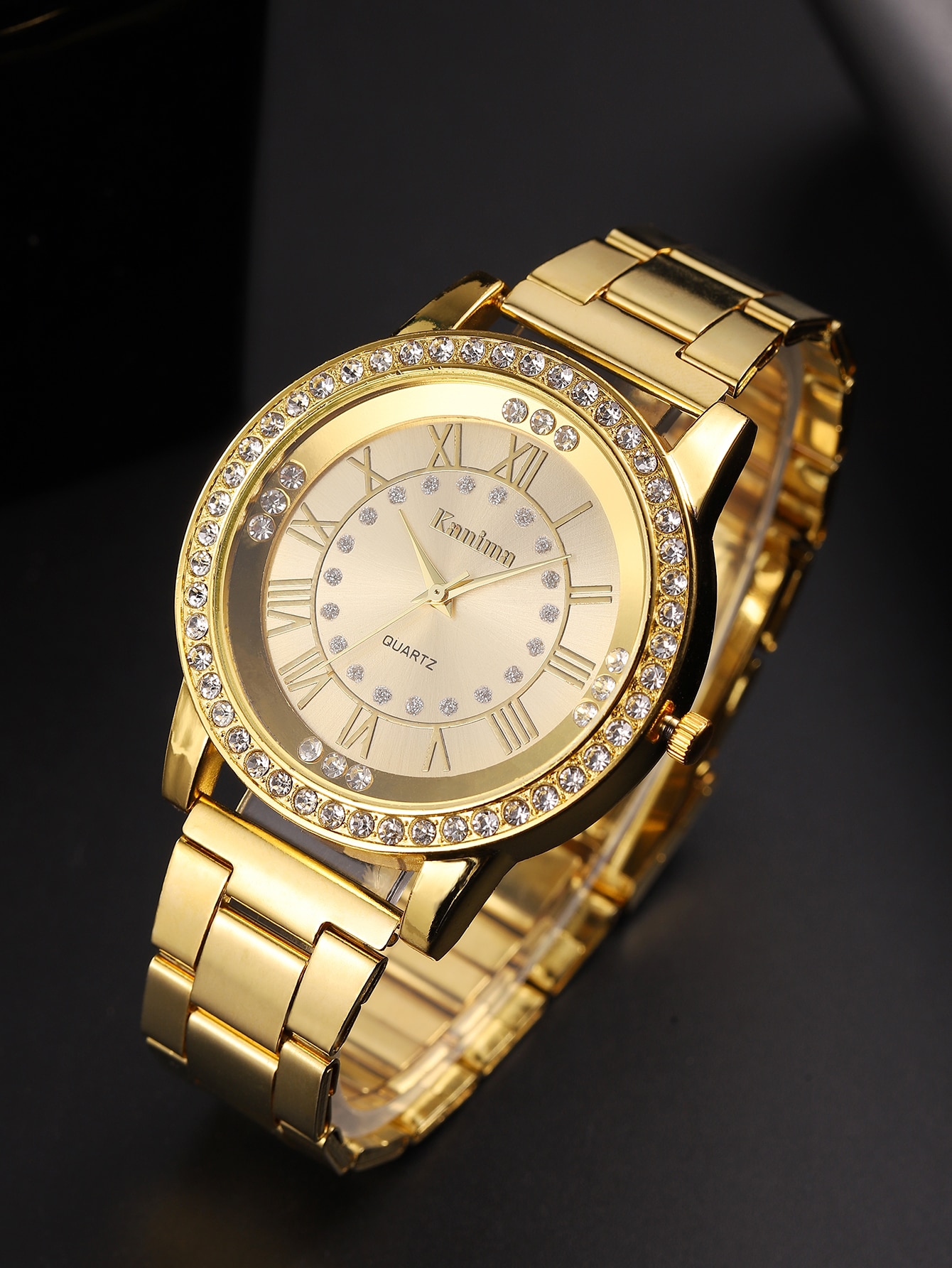 Rhinestone Decor Round Pointer Quartz Watch