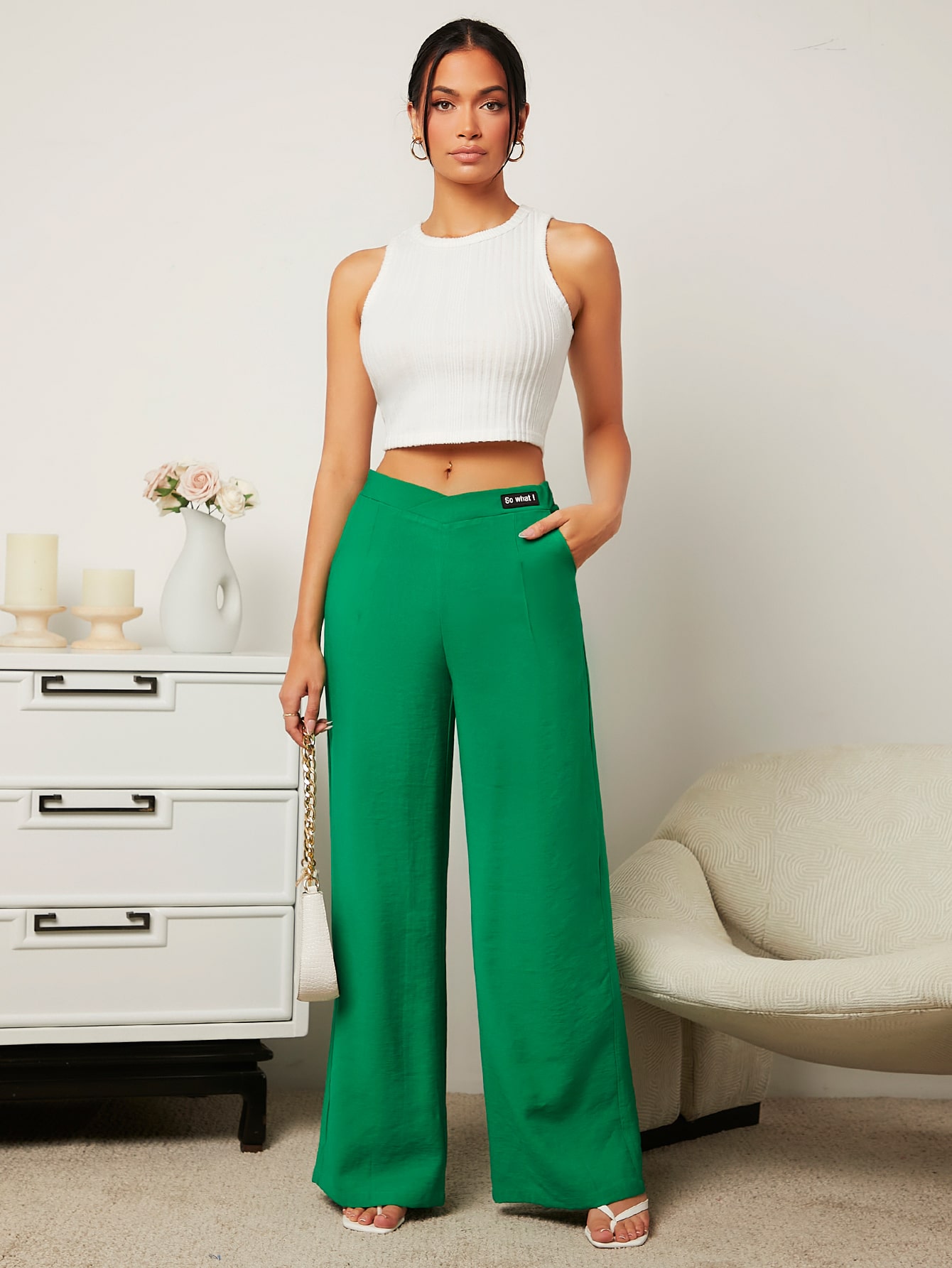 SHEIN Privé Letter Patched Detail Wide Leg Pants | SHEIN USA