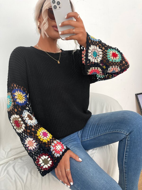 SHEIN VCAY Floral Pattern Drop Shoulder Open Knit Jumper | SHEIN UK