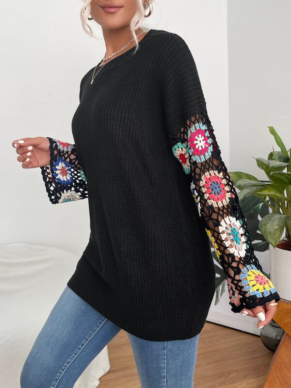 SHEIN VCAY Floral Pattern Drop Shoulder Open Knit Jumper | SHEIN UK