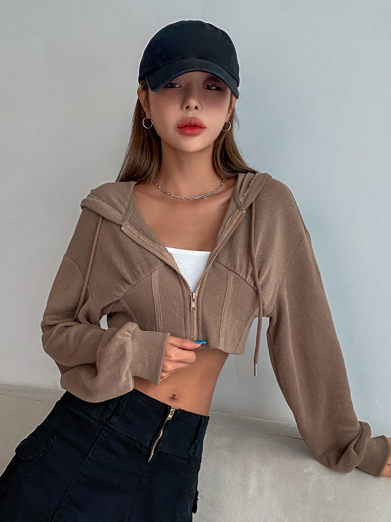 DAZY Solid Drop Shoulder Crop Zipper Up Hoodie