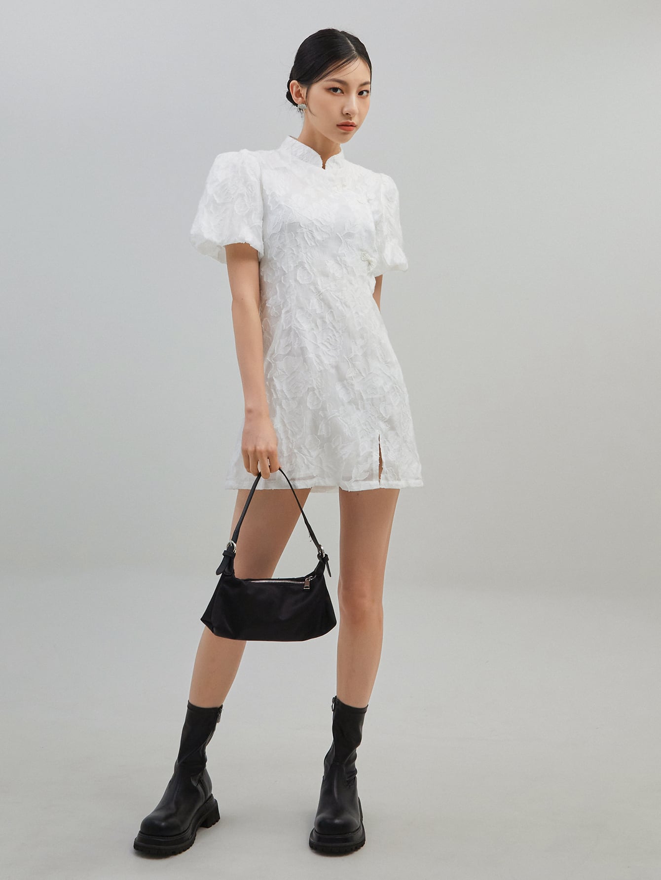 Dazy Floral Pattern Mandarin Collar Puff Sleeve Split Hem Qipao Dress
