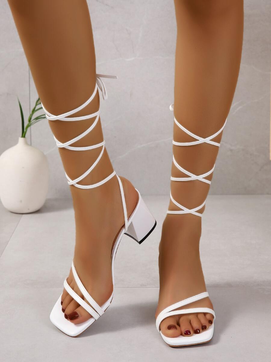 Tie Leg Design Chunky Heeled Strappy Sandals, Elegant White Solid ...