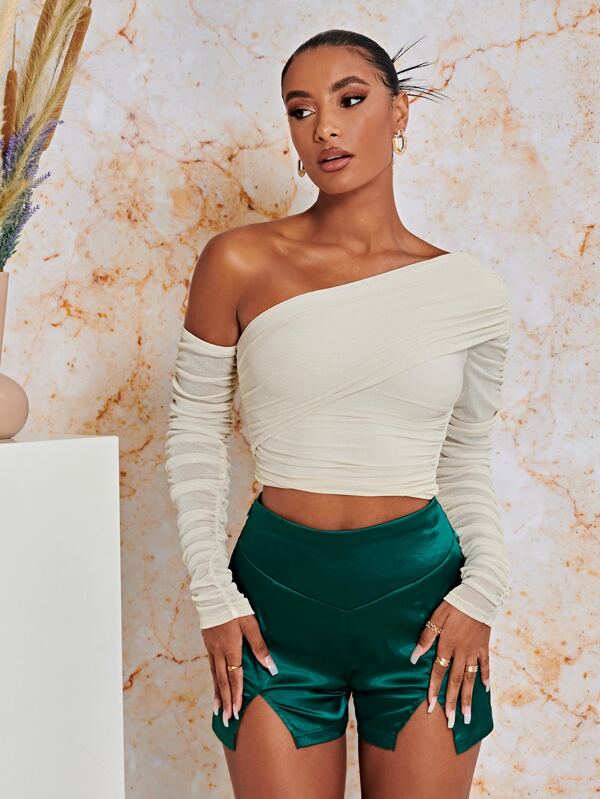 SHEIN BAE Asymmetrical Neck Ruched Side Wrap Glitter Tee | SHEIN UK