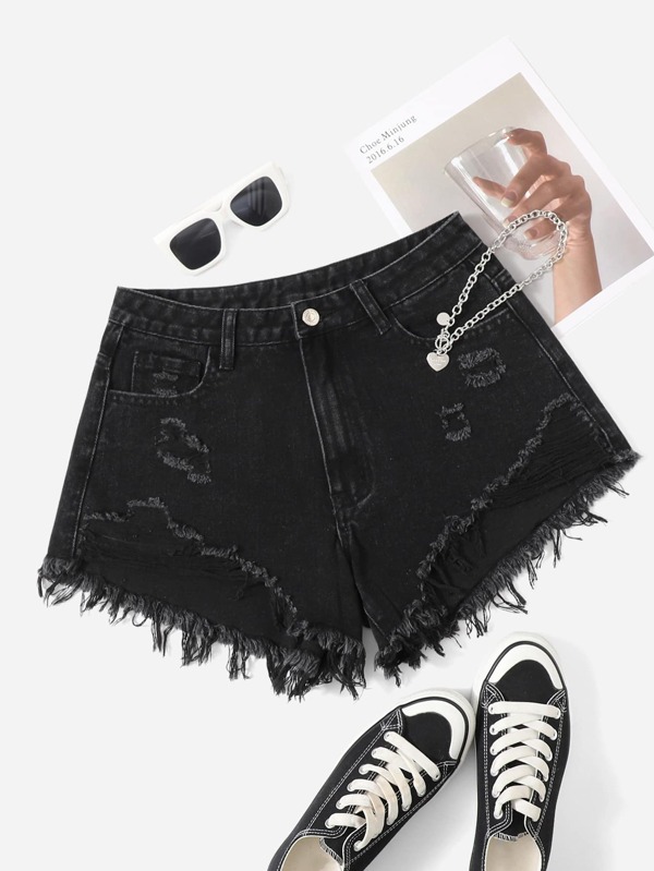 SHEIN Ripped Raw Hem Denim Shorts | SHEIN UK