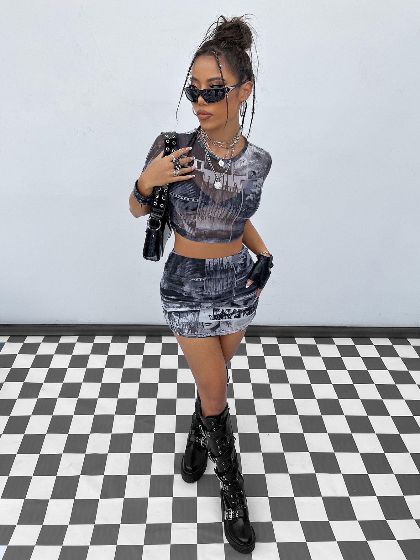 SHEIN ICON 90s Figure Graphic Crop Mesh Top & Bodycon Skirt Without ...