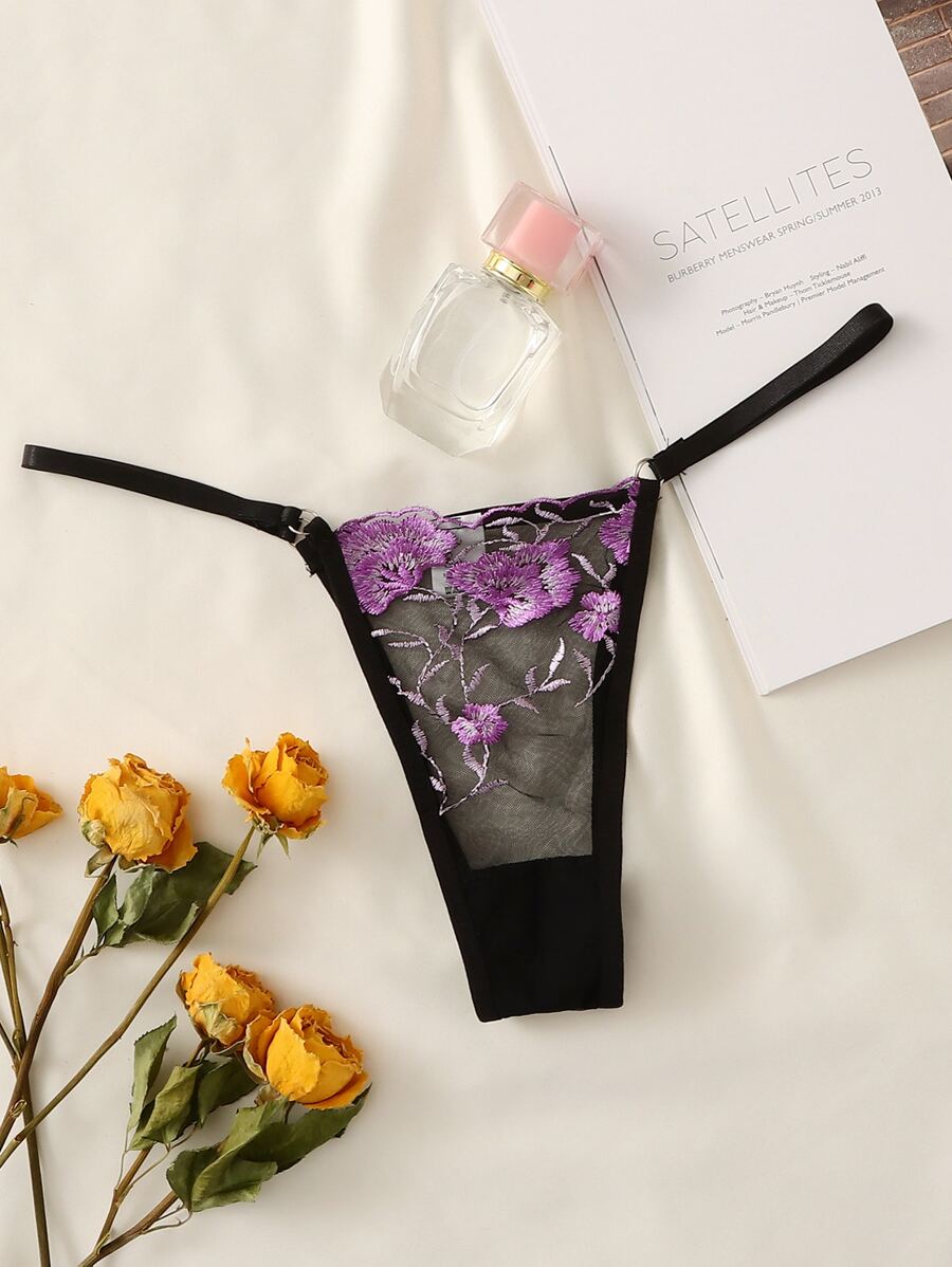 Floral Embroidered Mesh Thong | SHEIN USA