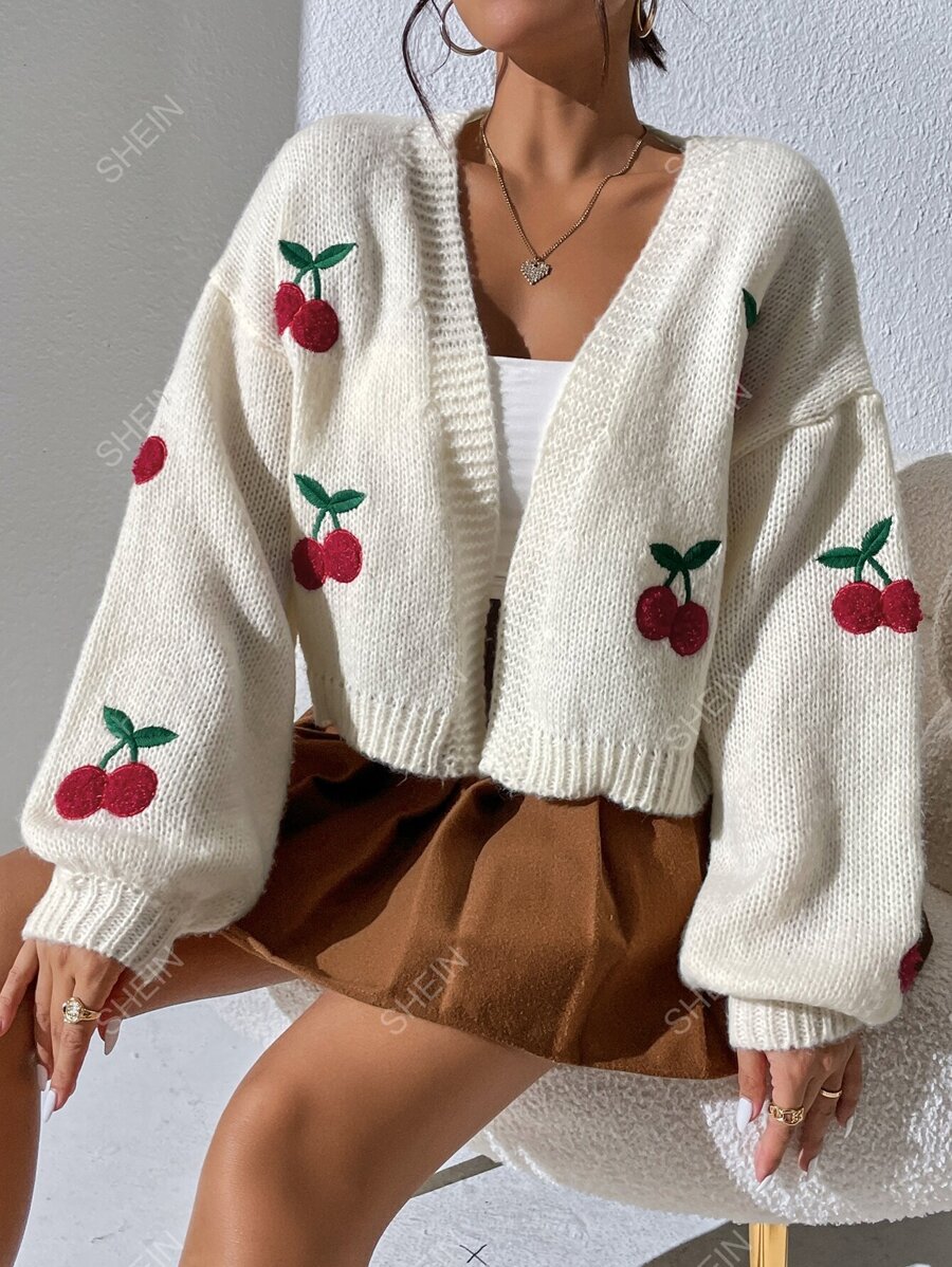 SHEIN EZwear Cherry Embroidery Lantern Sleeve Cardigan | SHEIN UK