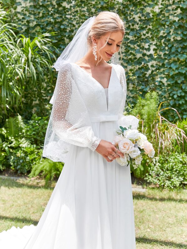 Robe De Mariage Avec Tulle Encolure V Manches Bouffantes En Mousseline ...
